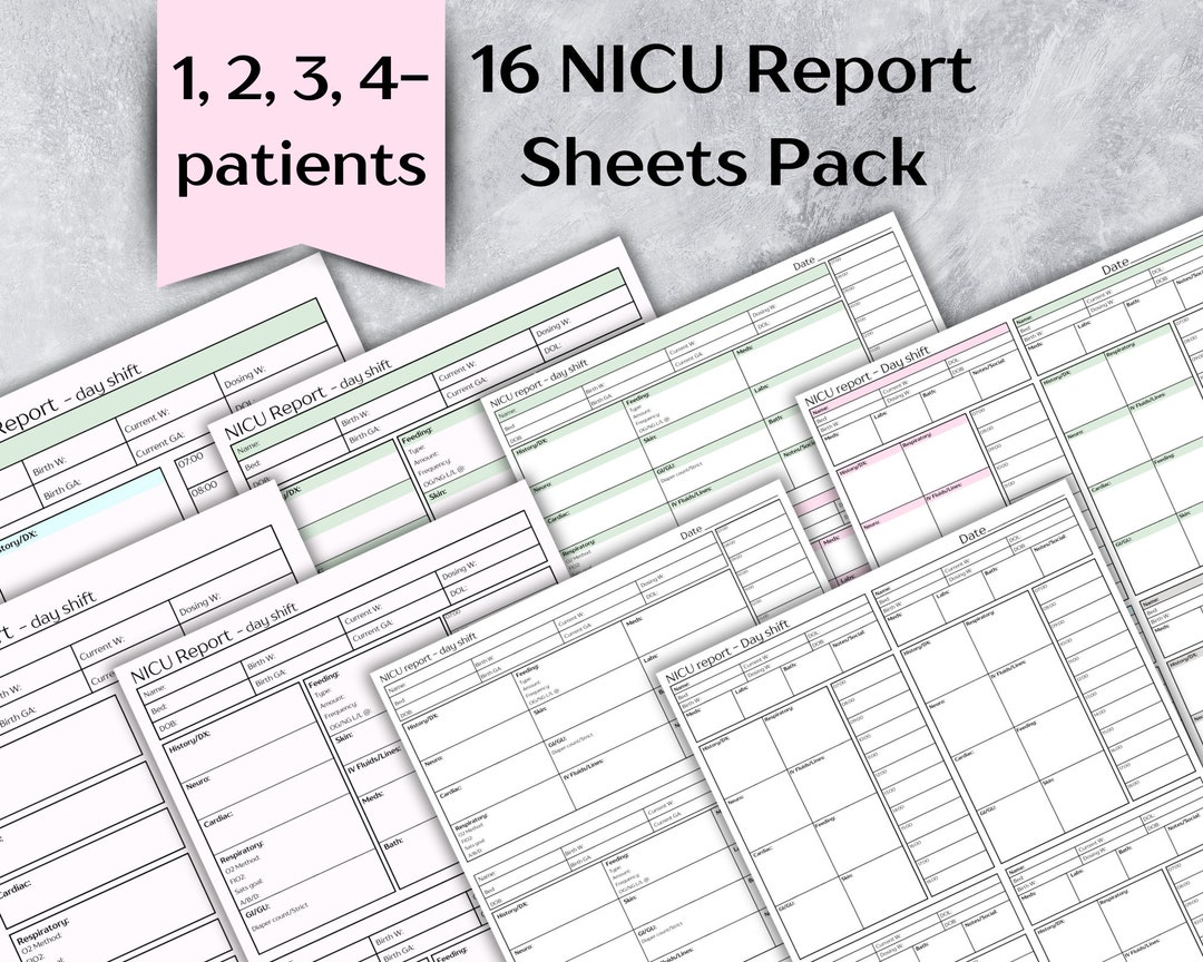 NICU Nurse Report Sheets Pack, 1, 2, 3, 4 Patient NICU Nurse Brain ...