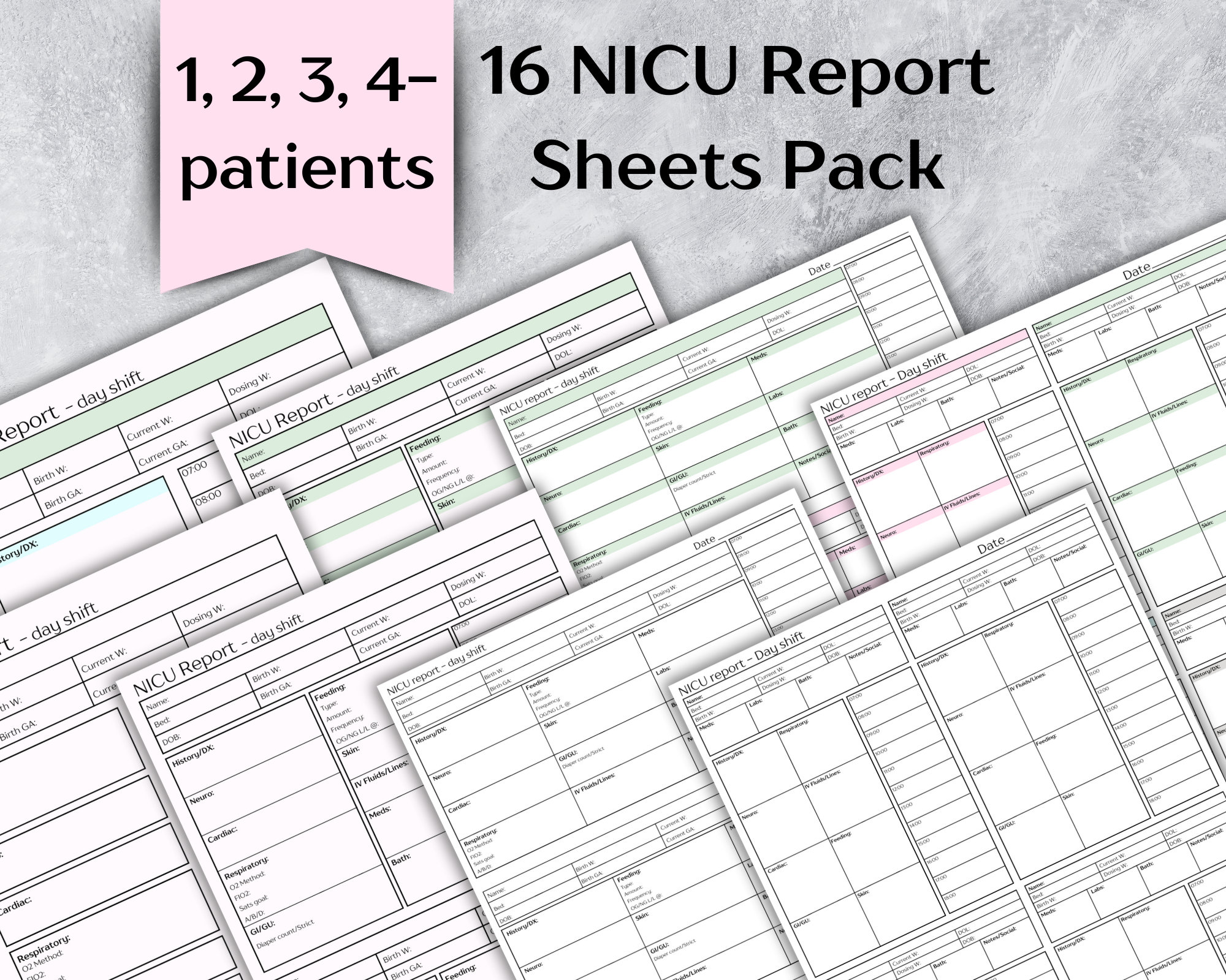 NICU Nurse Report Sheets Pack, 1, 2, 3, 4 Patient NICU Nurse Brain Day ...
