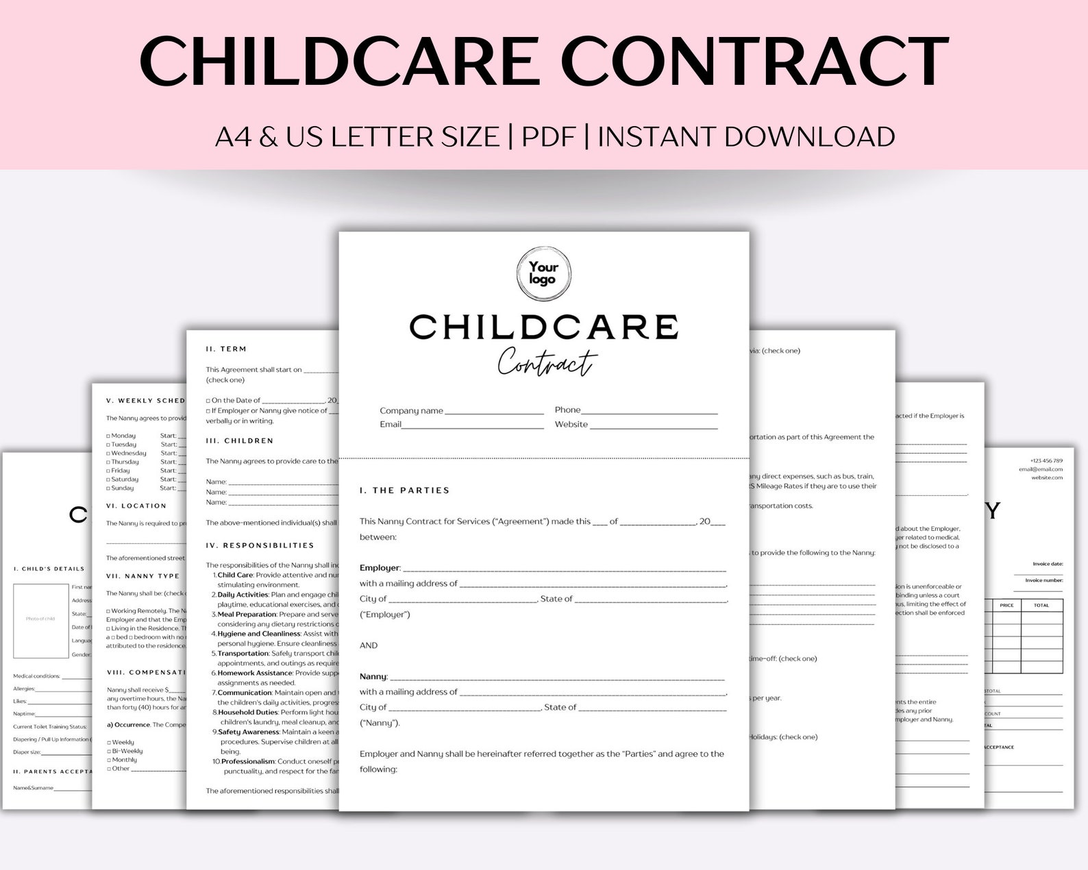 Editable Childcare Contract Template, Childcare Invoice, Nanny Contract ...