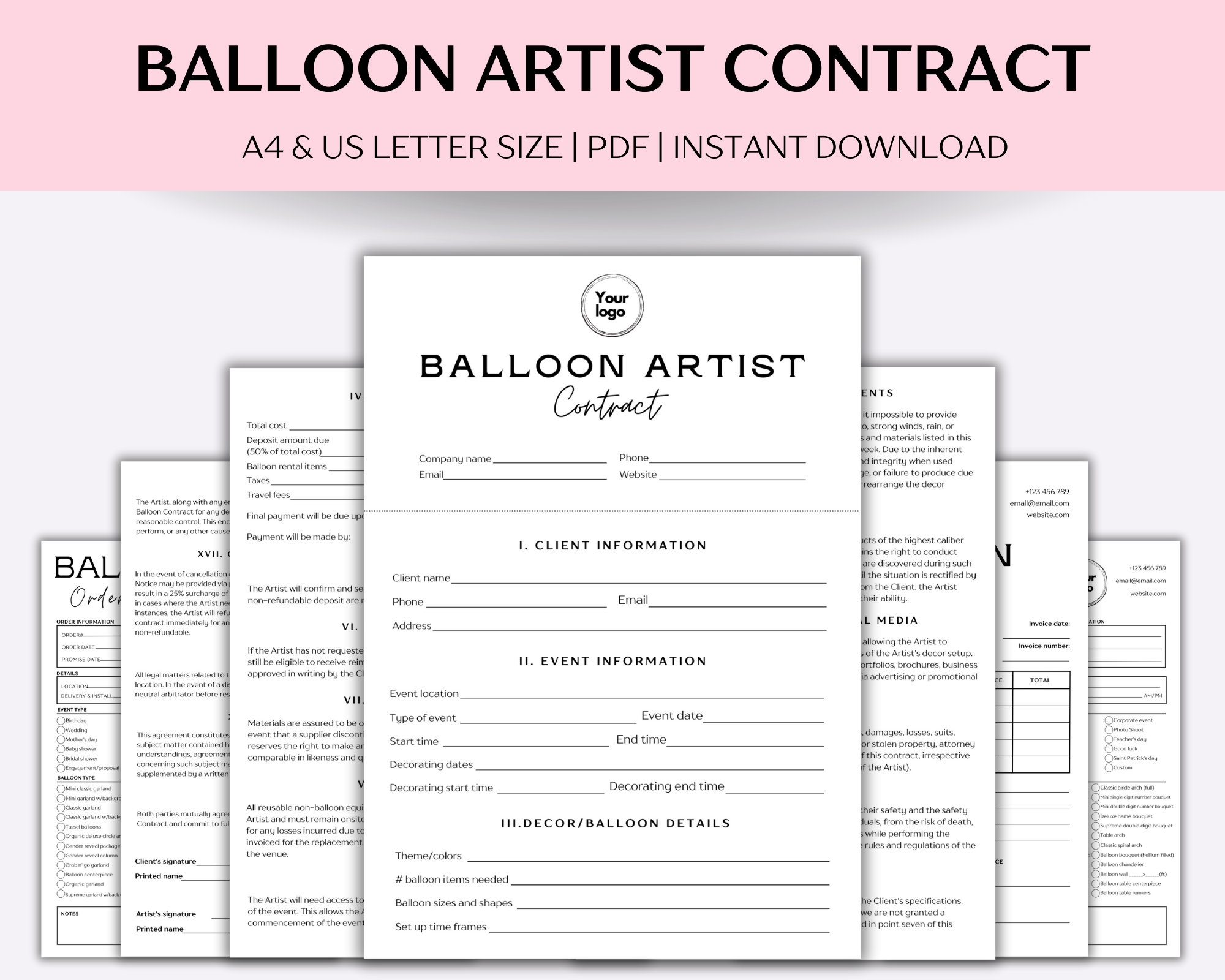 Balloon Decor Contract Template, Event & Party Order Form, Digital ...