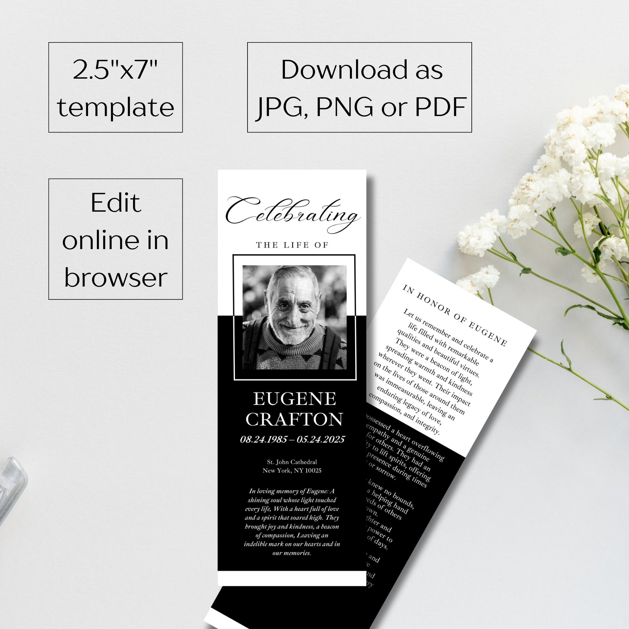 Memorial Bookmarks Template for Men, Funeral Bookmark Template, Funeral ...