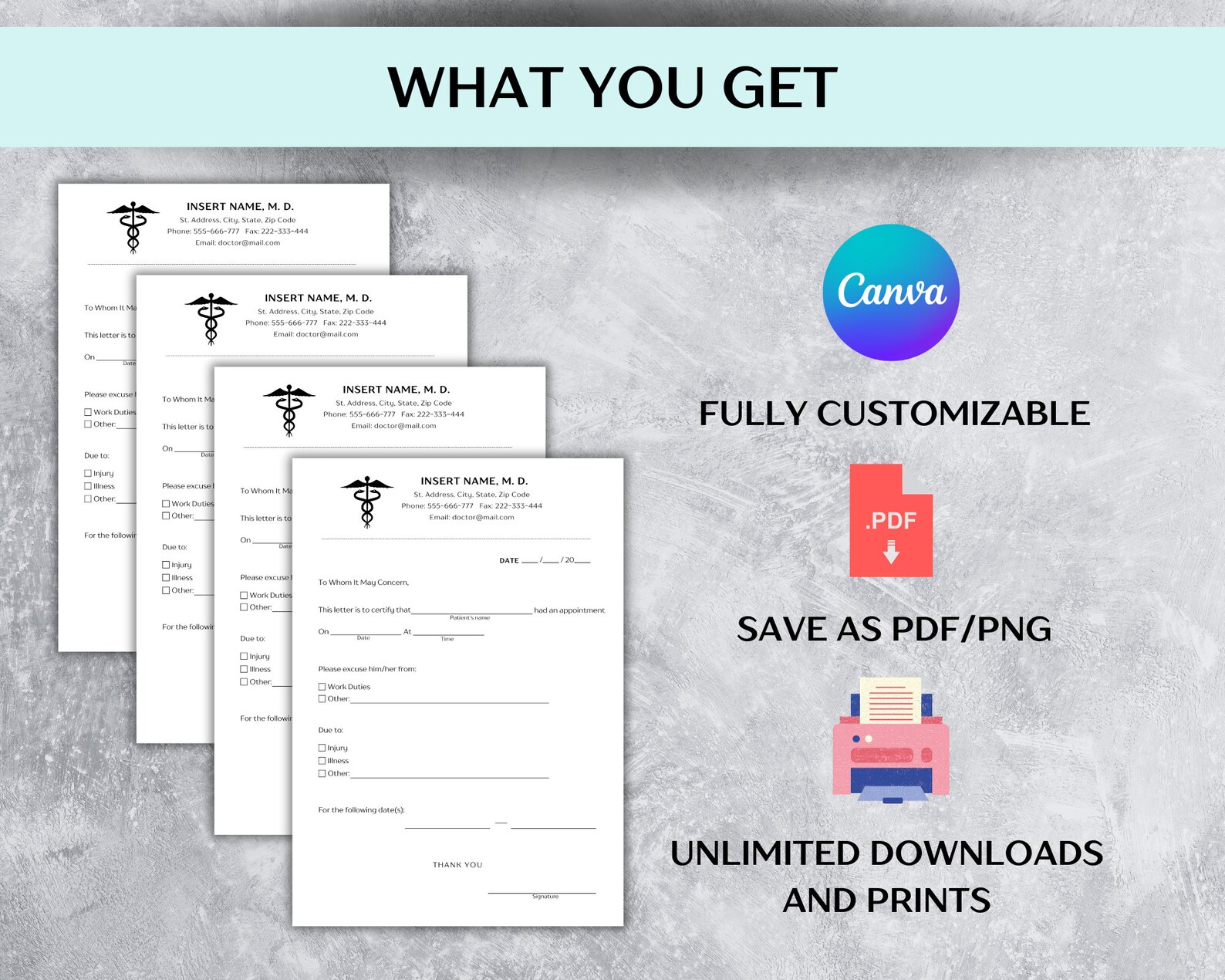 Printable Doctor's Excuse Note Template, Instant Download - A4/US ...