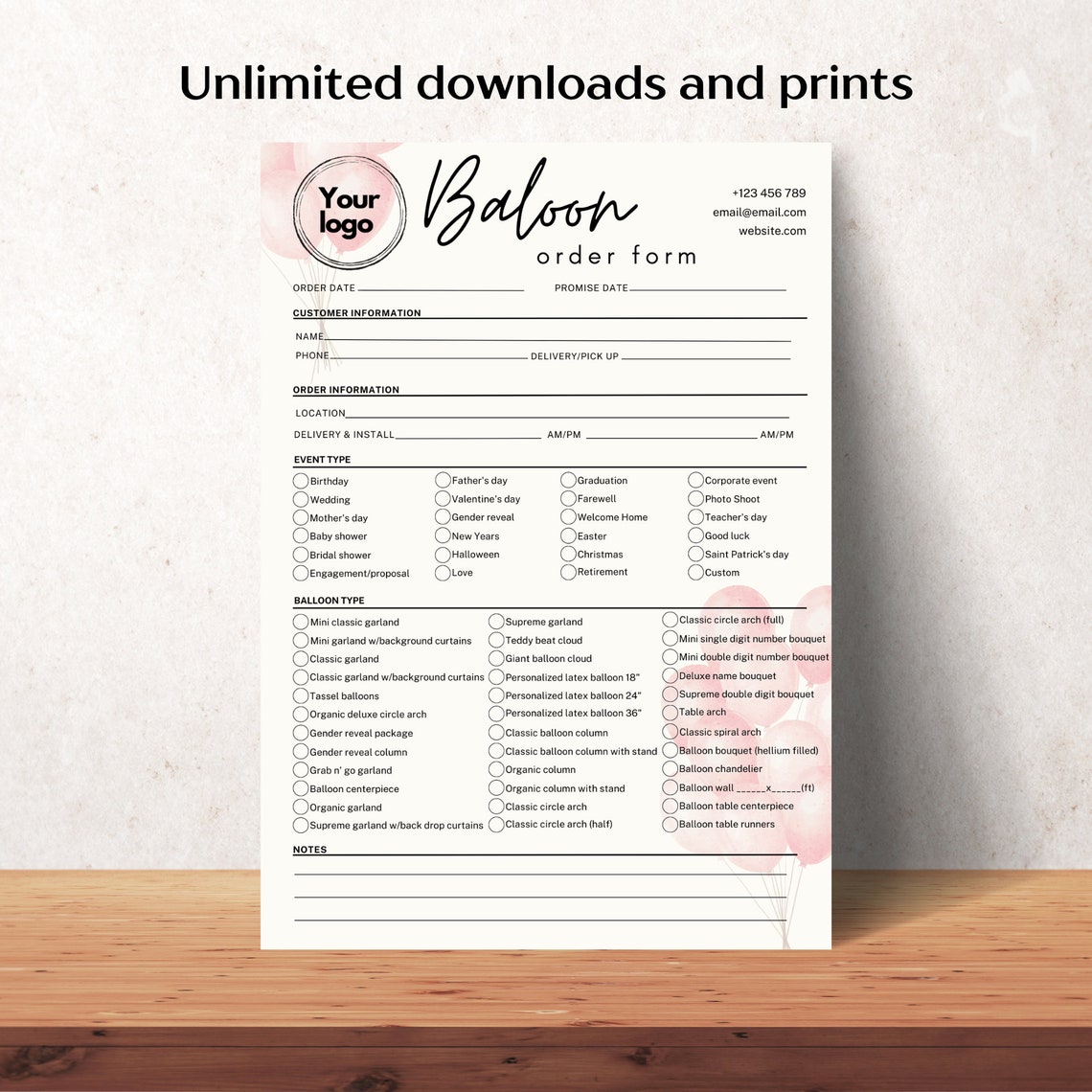 Balloon Order Form and Invoice Template - A4&US Letter, Editable and ...