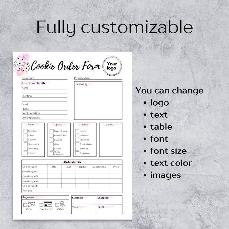 Editable Cookie Order Form, Printable Bakery Order Template - A4 | US ...