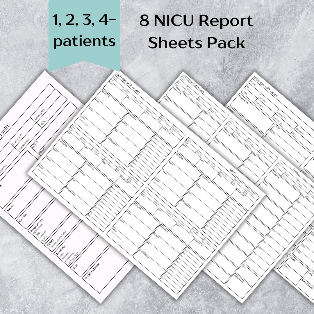 NICU Nurse Report Sheet Pack: 1, 2, 3, 4 Patient, Day/night Shift ...