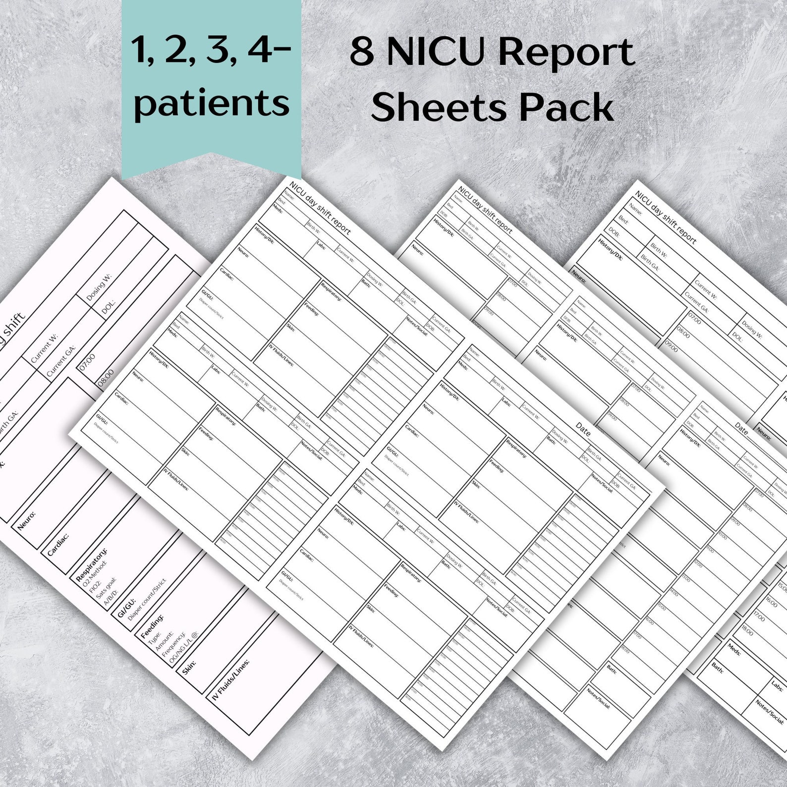 NICU Nurse Report Sheet Pack, 1, 2, 3, 4 Patient NICU Nurse Brain Day ...