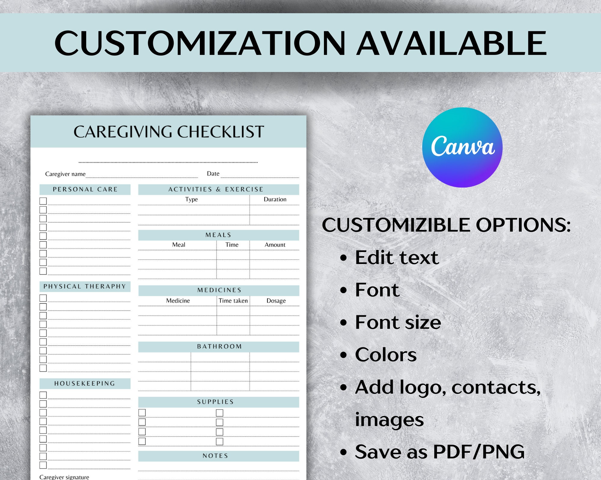 Editable Caregiver Checklist Template, Caregiving Daily Log - Printable ...