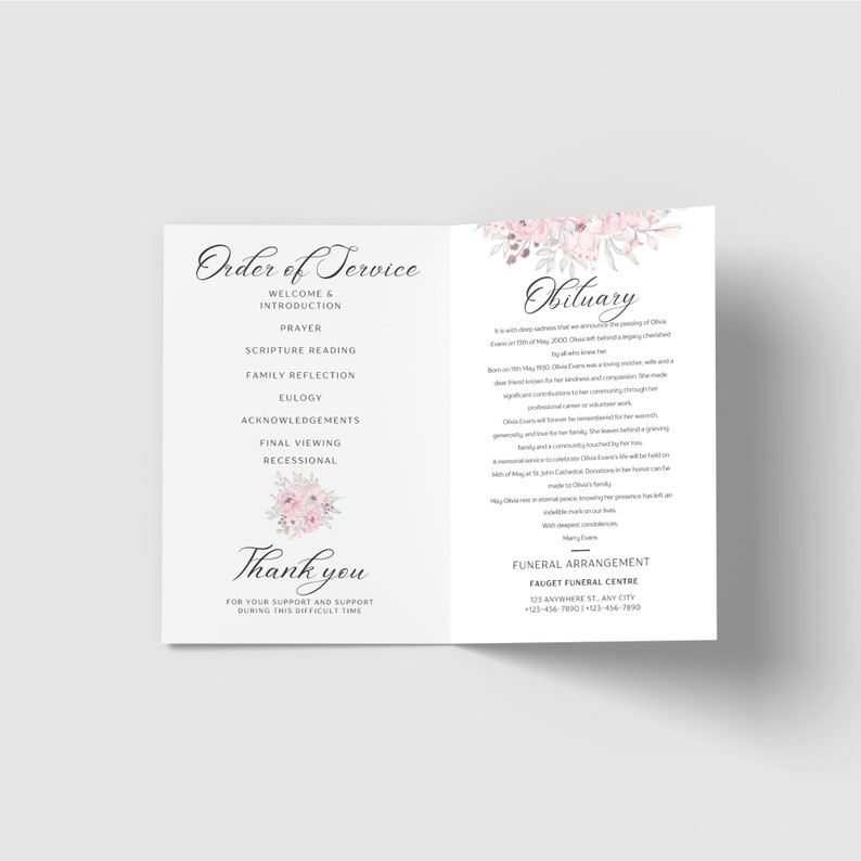 Bifold Funeral Program Template for Woman Obituary Template - Etsy