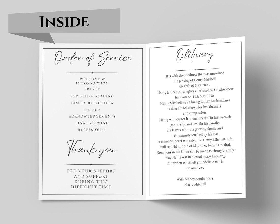 Funeral Program Template for Man Obituary Template Memorial - Etsy