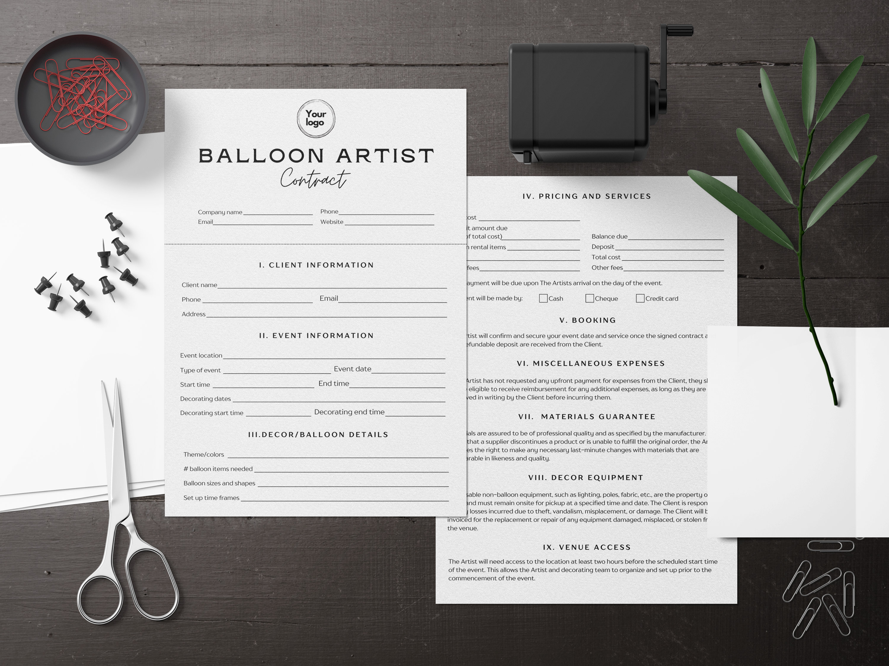 Balloon Decor Contract Template, Event & Party Order Form, Digital ...