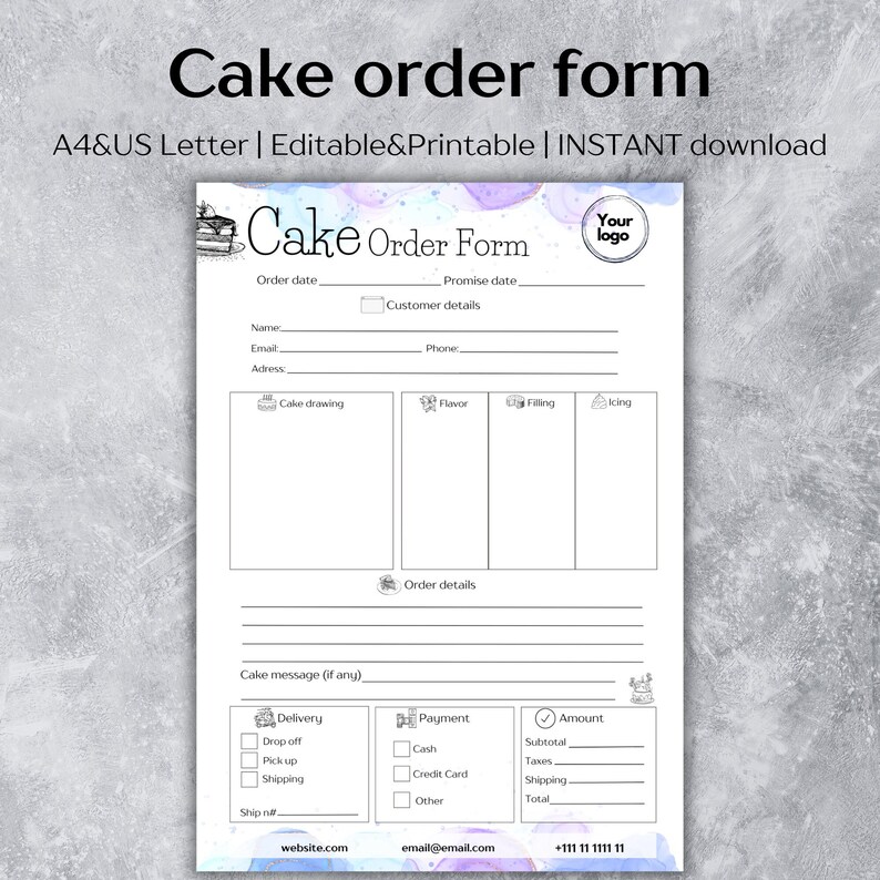 Editable Cake Order Form Template, Bakery Order Form - A4&US Letter ...