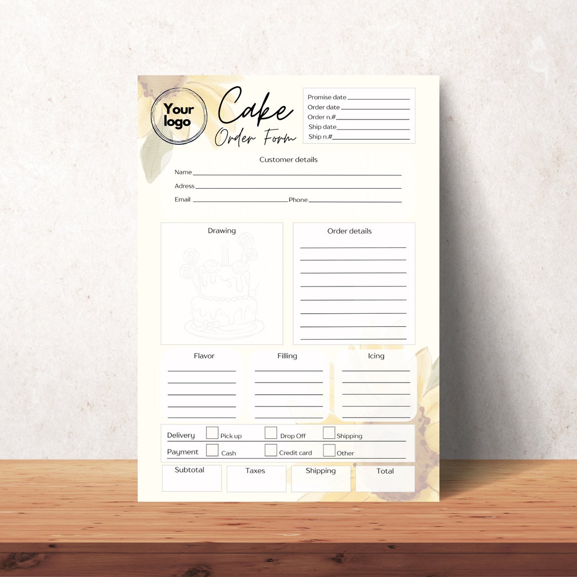 Wedding Cake Order Form and Invoice Template, Bakery Cake Order Form ...