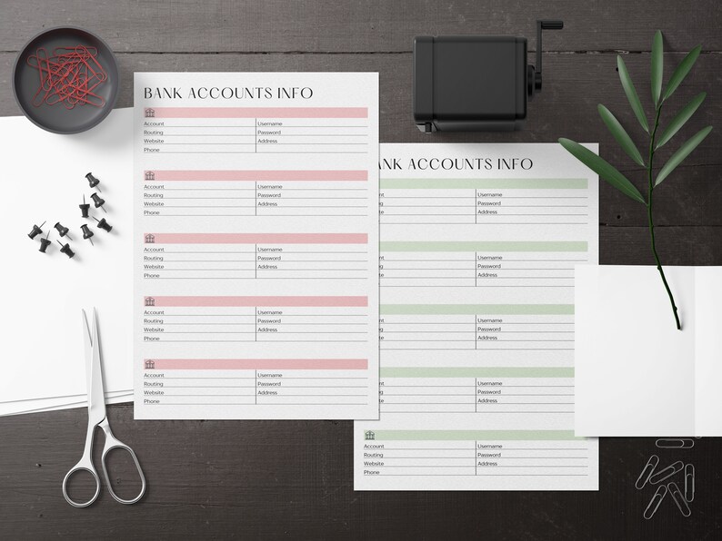 Bank Account Info Tracker Printable A4&US Letter - Etsy