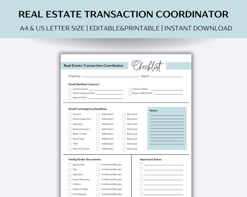 Real Estate Transaction Checklist Editable and Printable Template ...