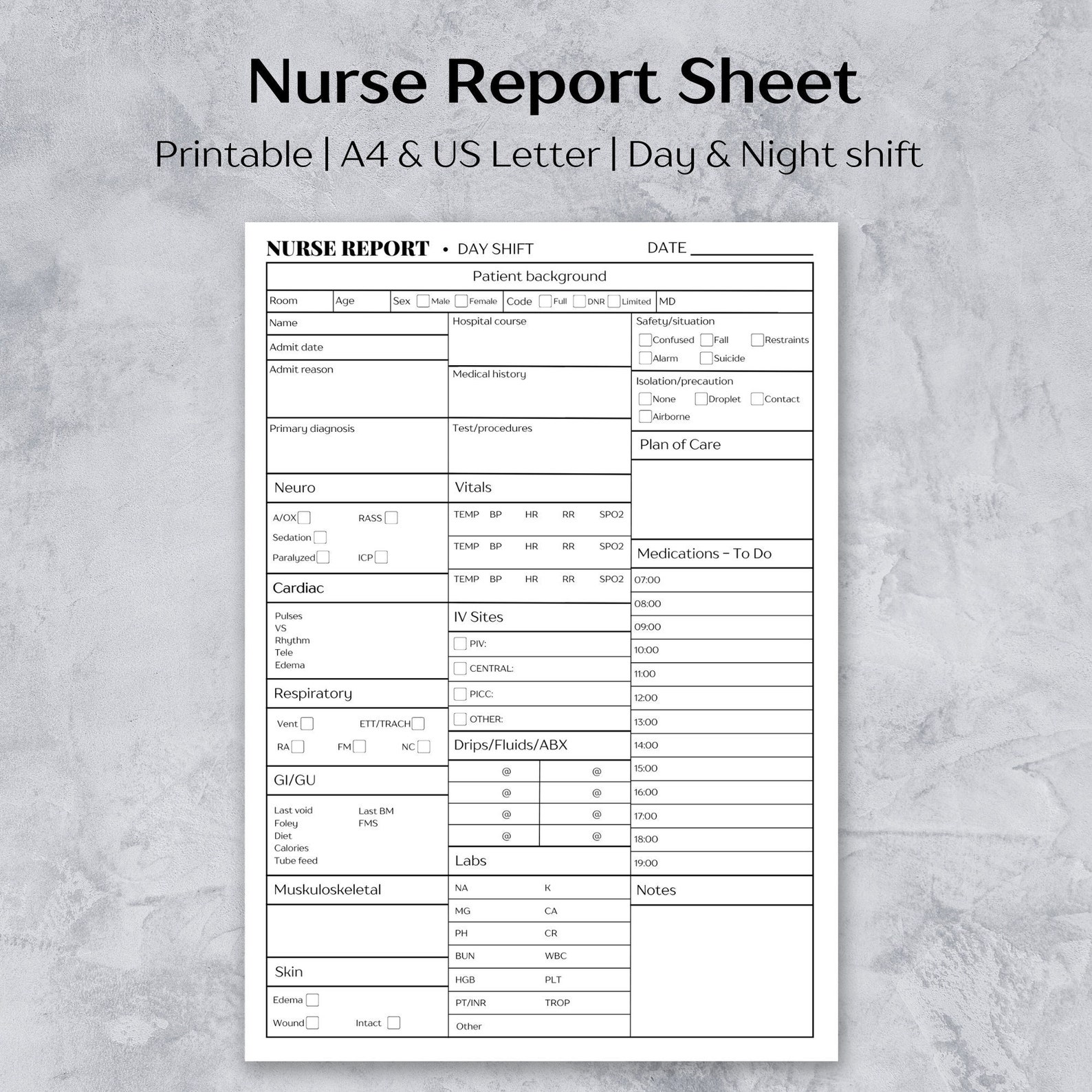 ICU Nurse Shift Report Sheet Med Surg, Nurse Brain Sheet, Nursing ...