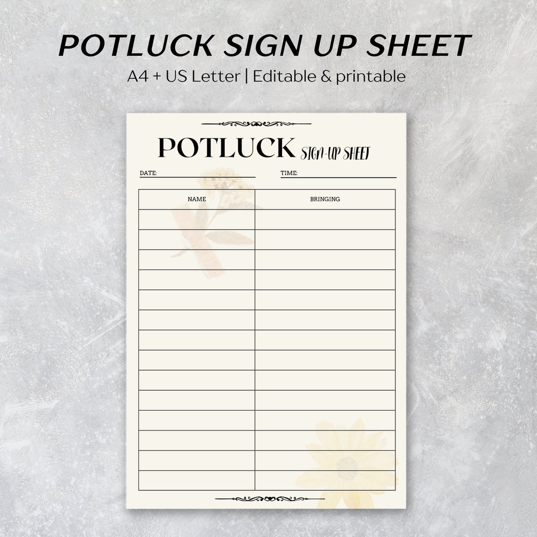 Editable Potluck Sign up Sheet A4, US Letter, Fillable and Printable - Etsy