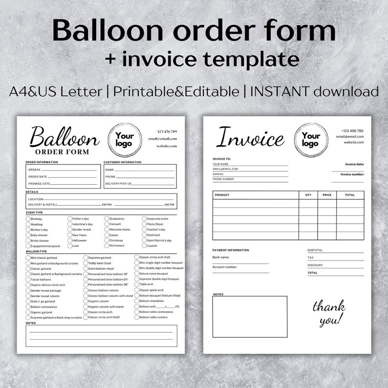 Balloon Order Form and Invoice Template, Balloon Order Tracker Template ...