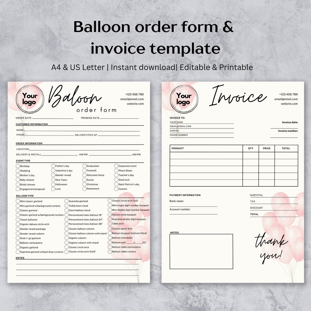 Balloon Order Form and Invoice Template - A4&US Letter, Editable and ...