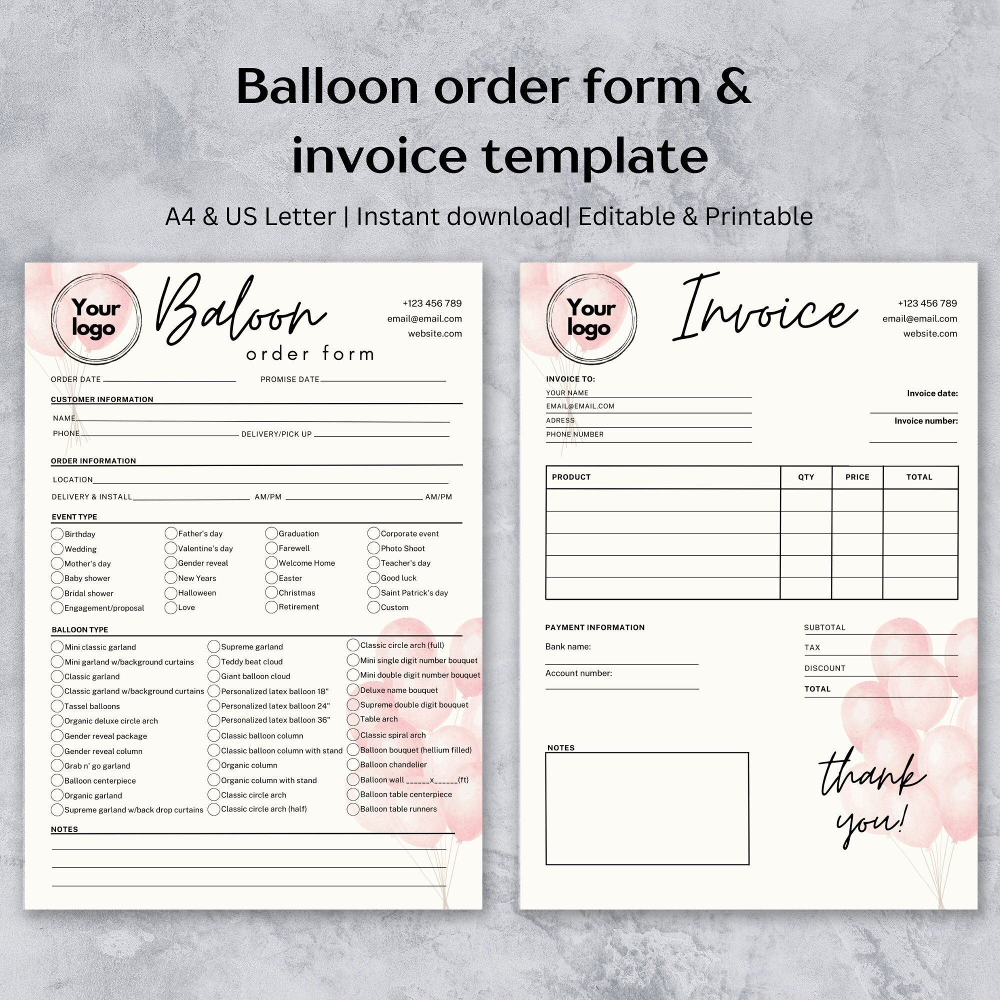 Balloon Order Form and Invoice Template - A4&US Letter, Editable and ...