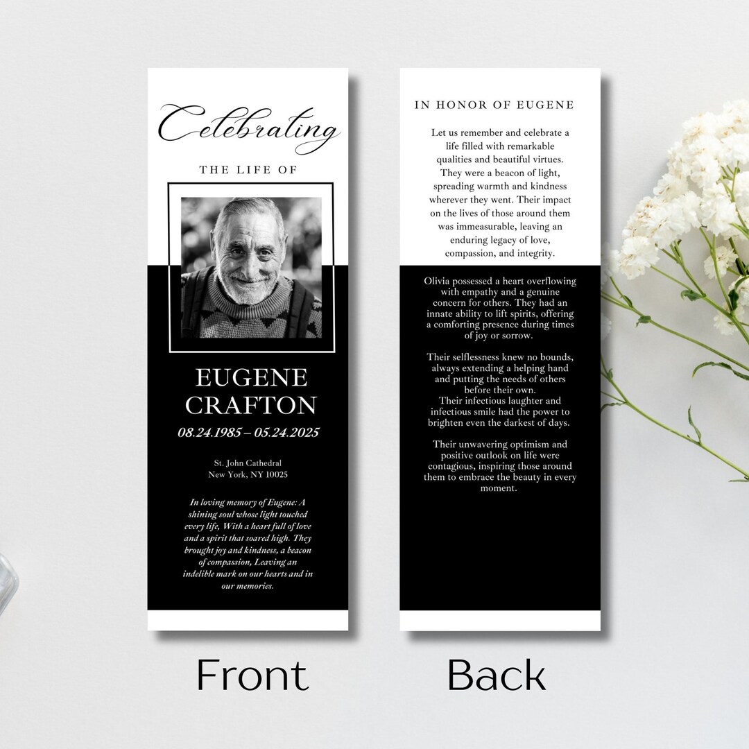 Memorial Bookmarks Template for Men, Funeral Bookmark Template, Funeral ...