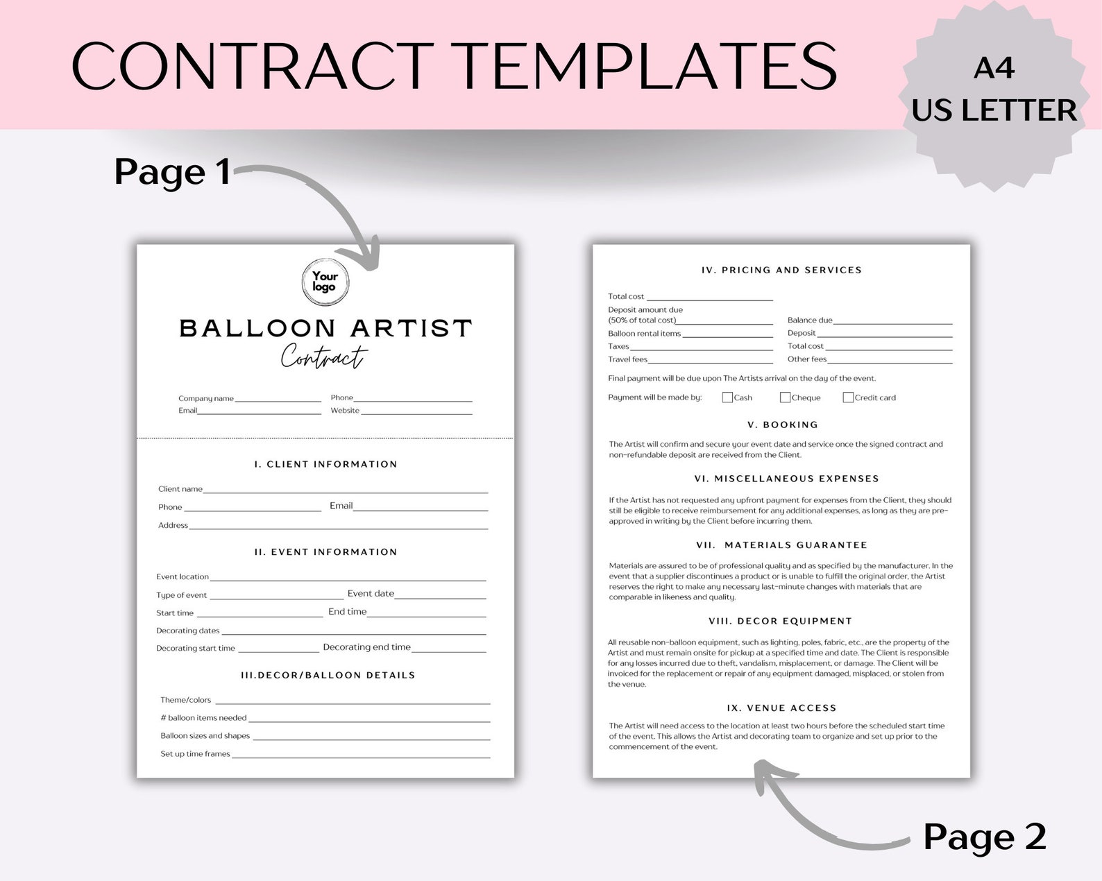 Balloon Decor Contract Template, Event & Party Order Form, Digital ...