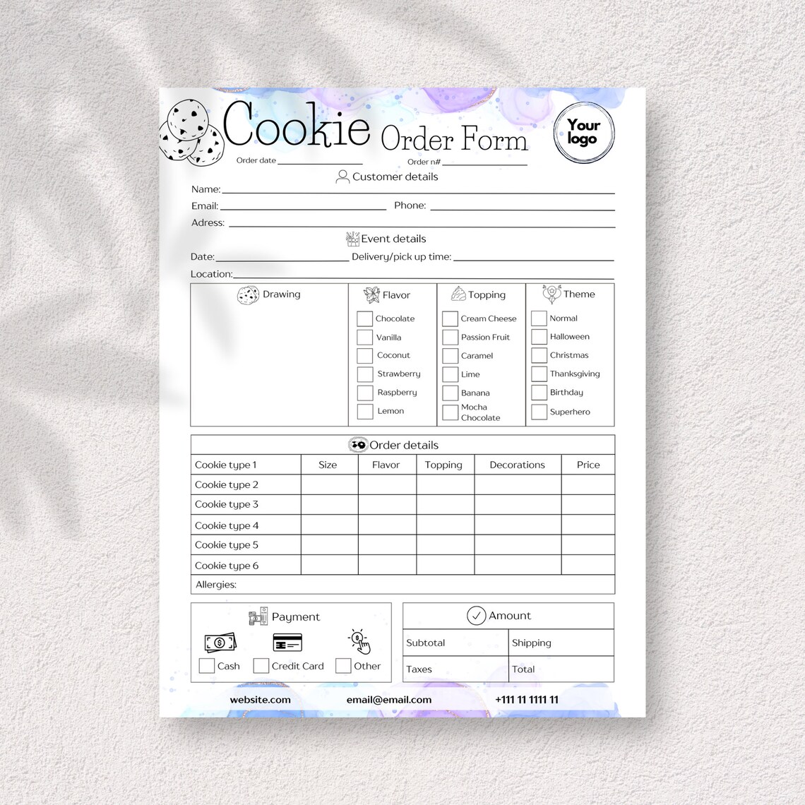 Printable Cookie Order Form Template, Editable Bakery Order Form A4/US ...