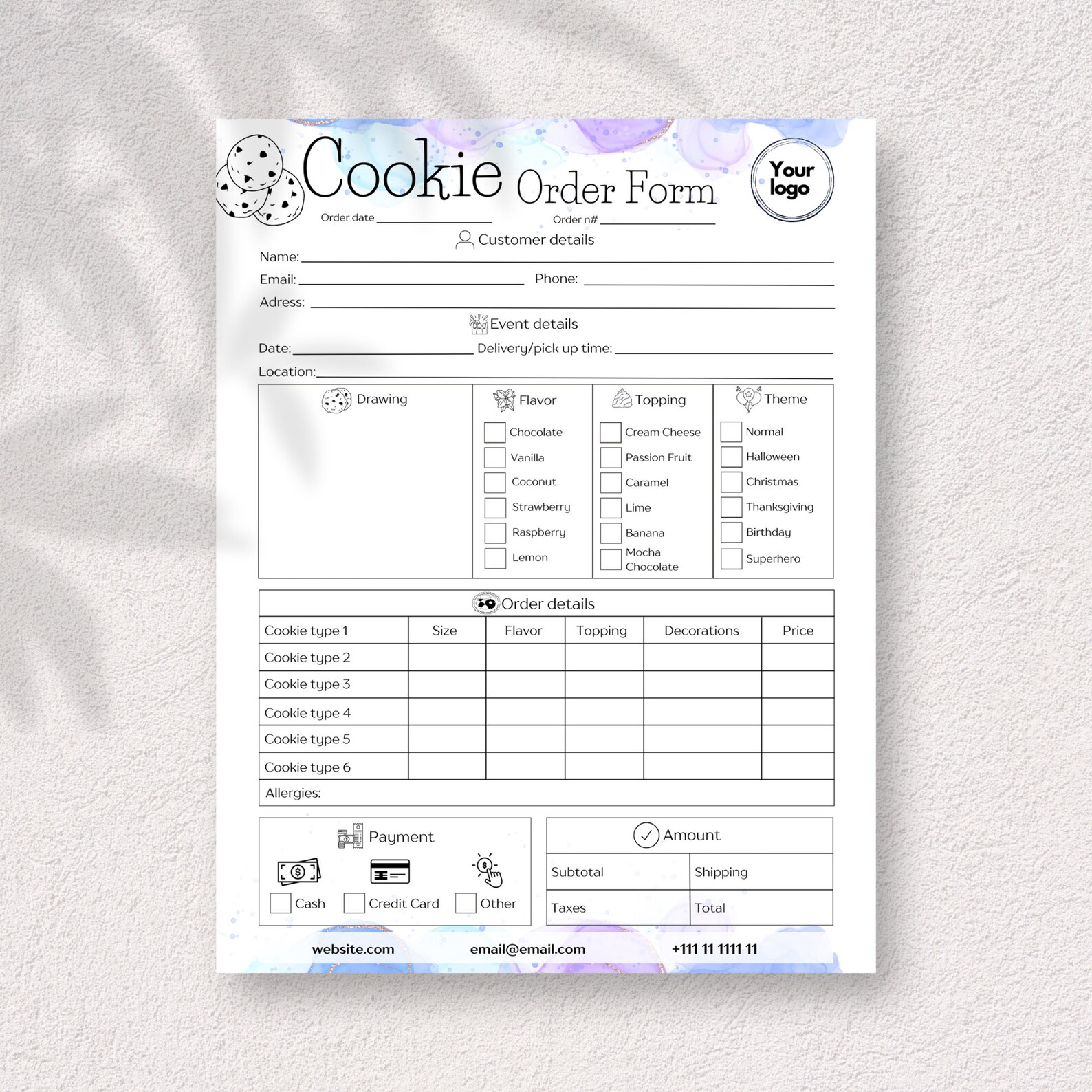 Printable Cookie Order Form Template, Editable Bakery Order Form - A4 ...