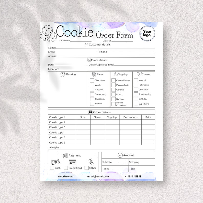 Printable Cookie Order Form Template, Editable Bakery Order Form - A4 ...