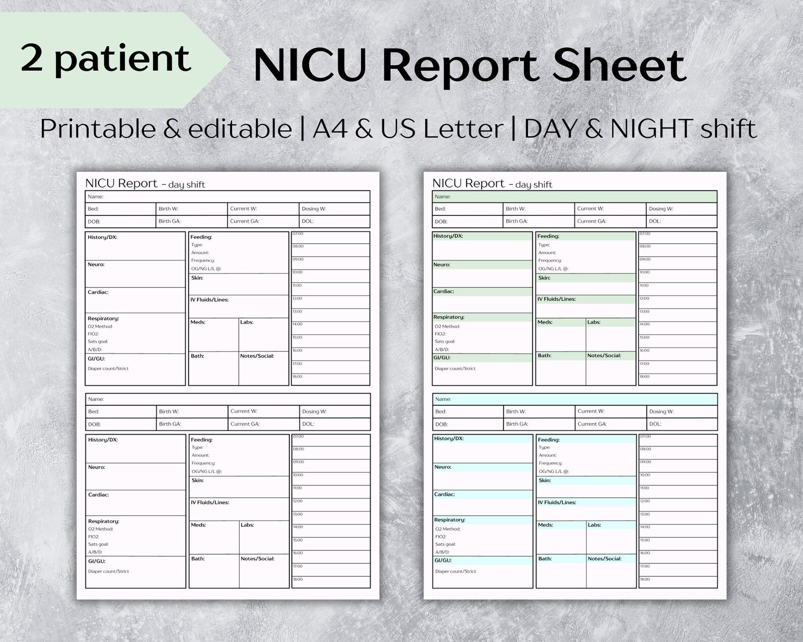 2 Patient NICU Report Sheet, NICU Nurse Brain Sheet - Day/night Shift ...