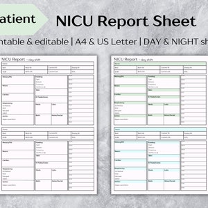 2 Patient NICU Report Sheet, NICU Nurse Brain Sheet - Day/night Shift ...