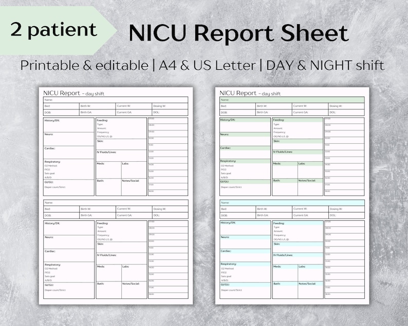 2 Patient NICU Report Sheet, NICU Nurse Brain Sheet - Day/night Shift ...