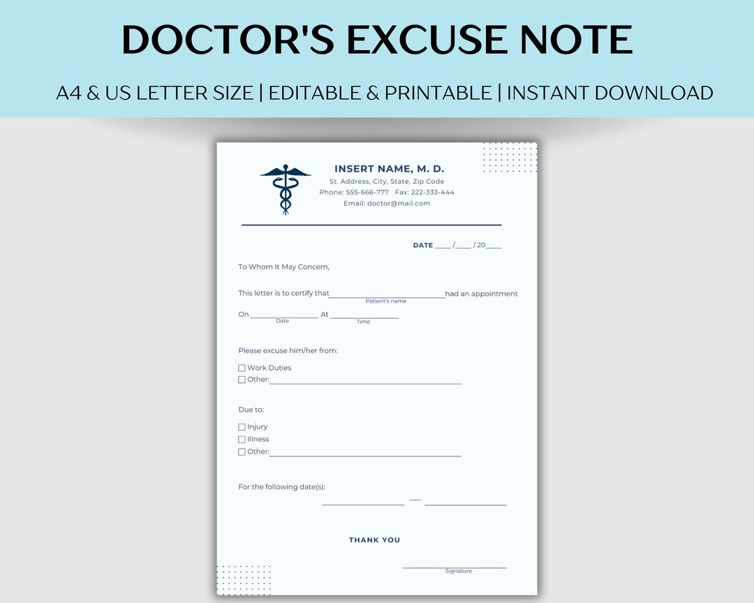 Editable Doctor's Excuse Note Template, Printable Medical Form ...