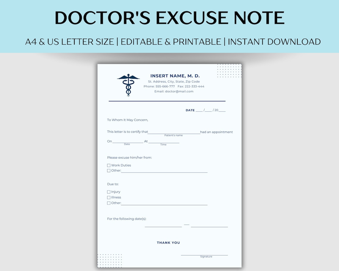 Doctors Excuse Note Template Editable, Fake Doctors Note, Excuse ...