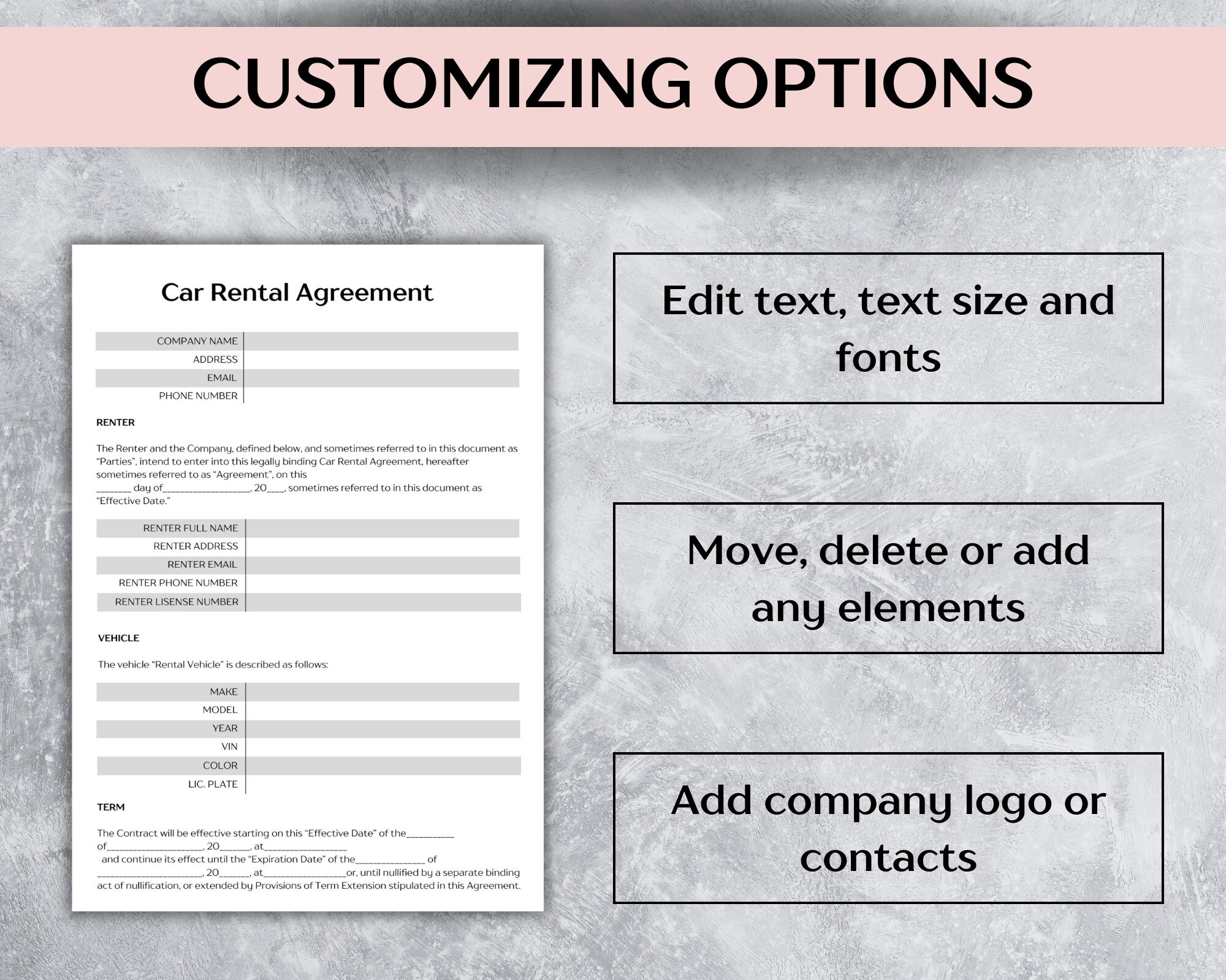 Printable Car Rental Agreement Template, Car Rental Contract, Editable ...