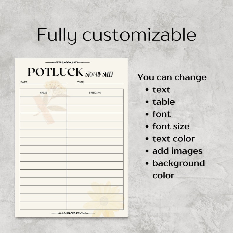 Editable Potluck Sign up Sheet A4, US Letter, Fillable and Printable - Etsy