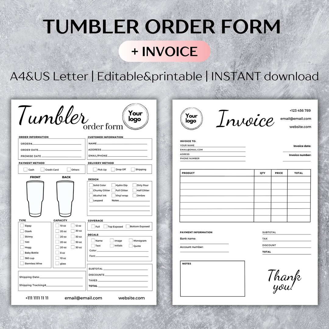 Editable Tumbler Order Form and Invoice Template, Sublimation Tumbler ...