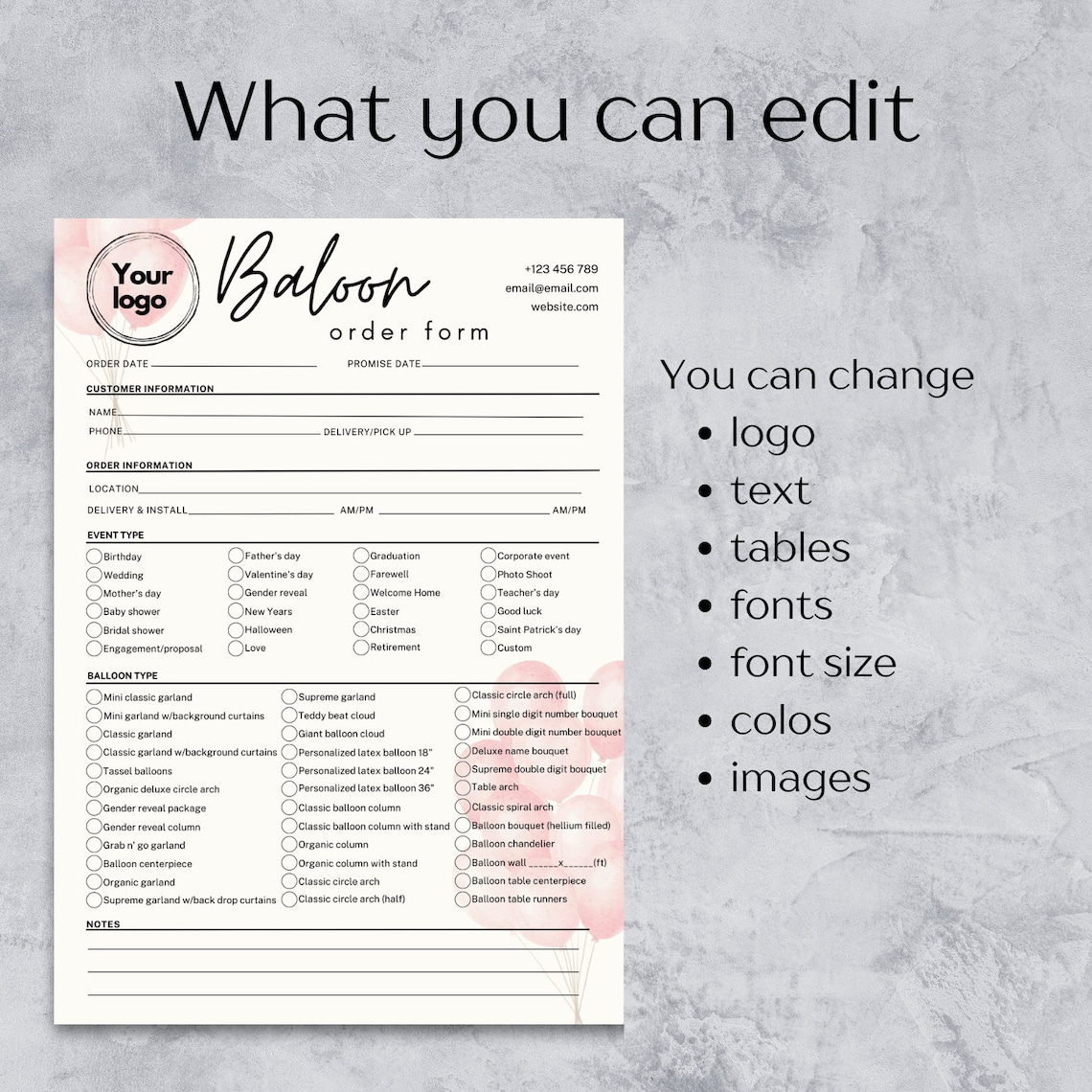 Balloon Order Form and Invoice Template - A4&US Letter, Editable and ...