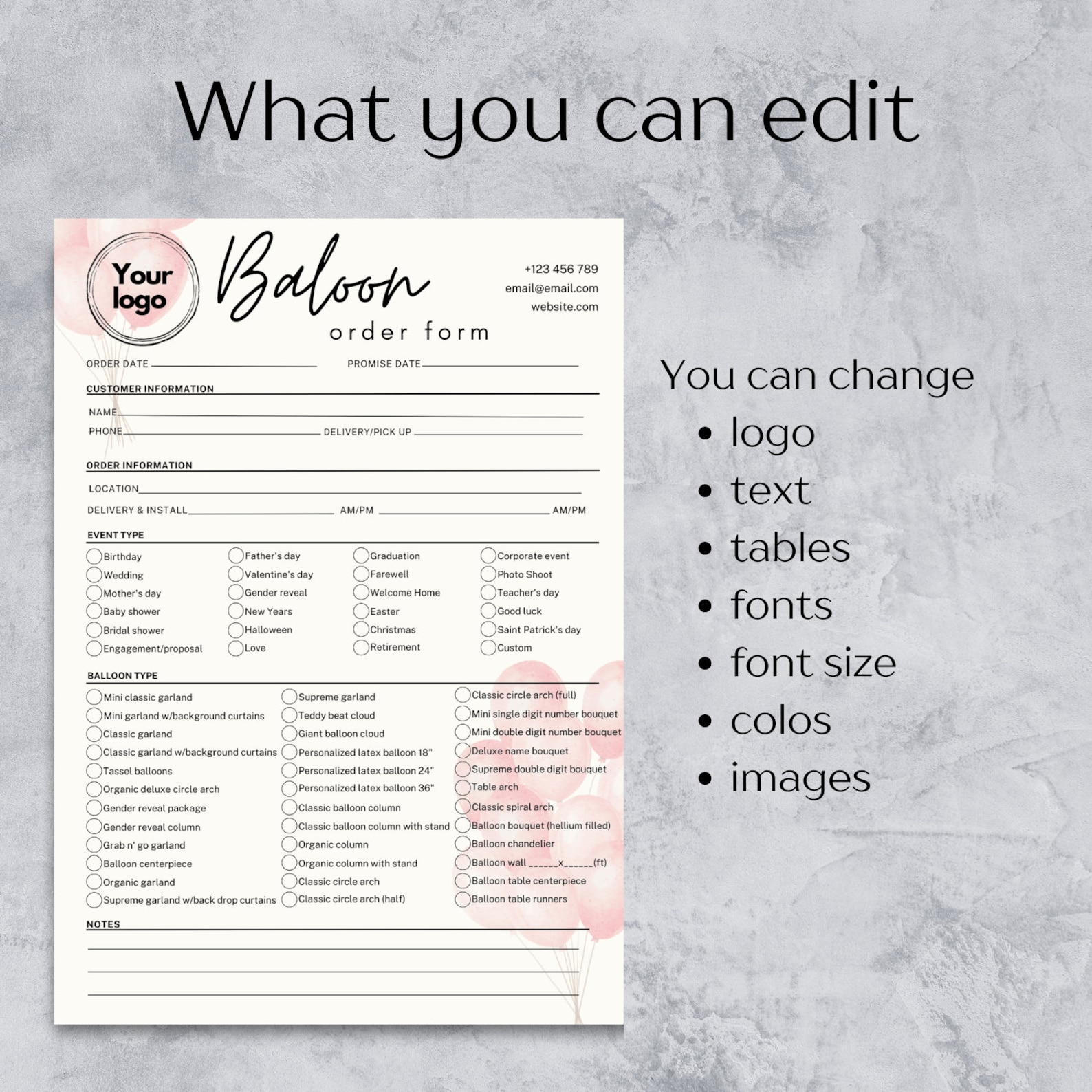 Balloon Order Form and Invoice Template - A4&US Letter, Editable and ...