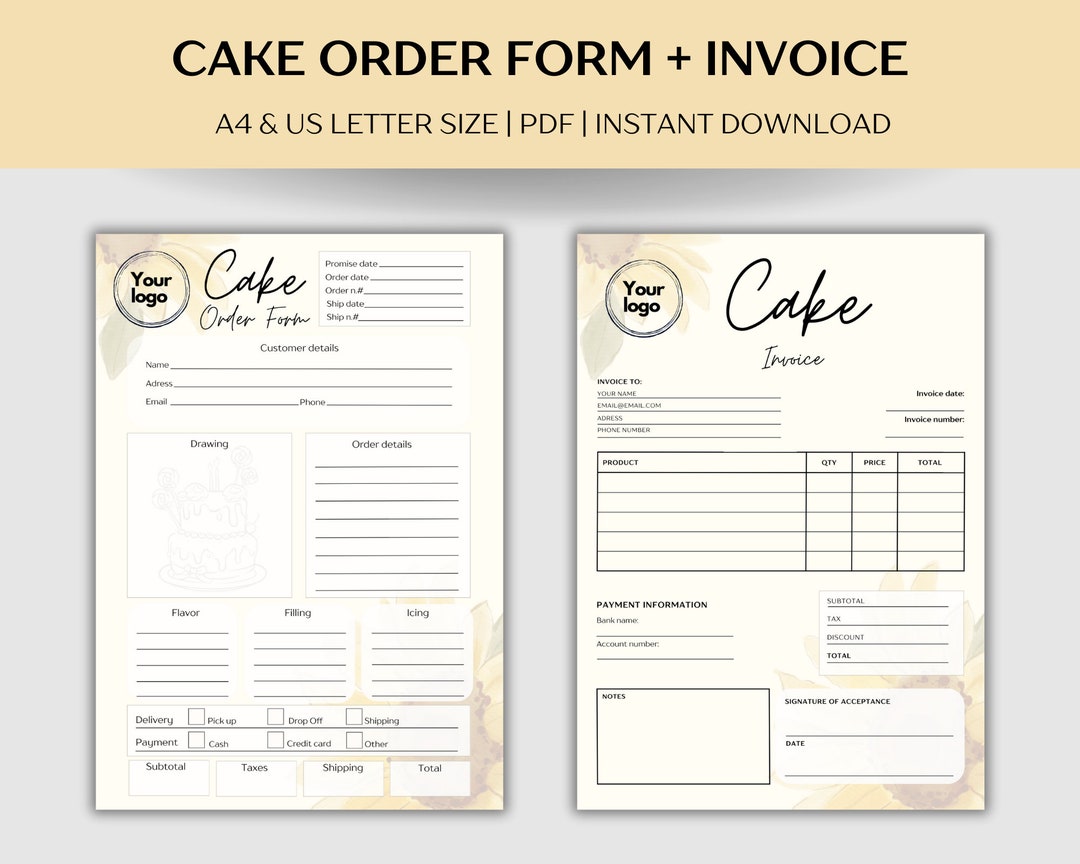 Wedding Cake Order Form & Invoice Template - A4, US Letter - Etsy
