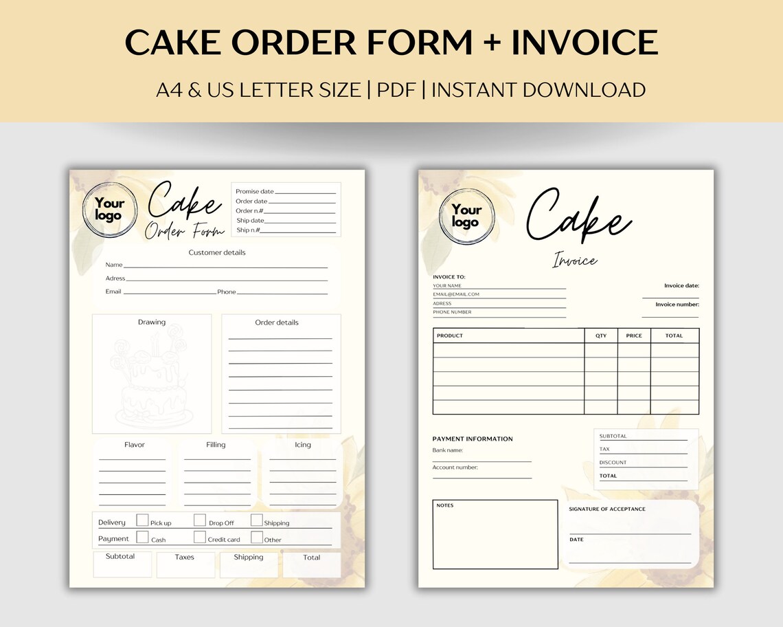 Wedding Cake Order Form and Invoice Template, Bakery Cake Order Form ...