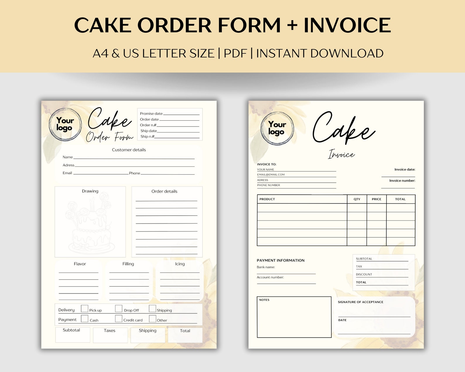 Wedding Cake Order Form and Invoice Template, Bakery Cake Order Form ...