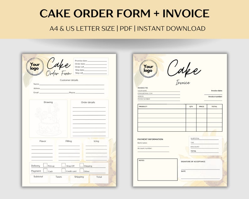 Wedding Cake Order Form and Invoice Template, Bakery Cake Order Form ...