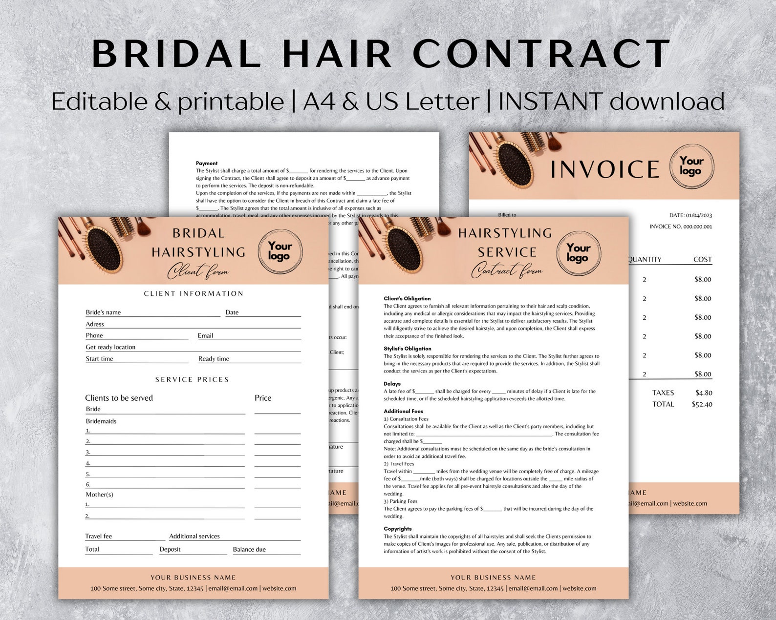 Bridal Hair Contract Template, Wedding Hair Contract Agreement ...