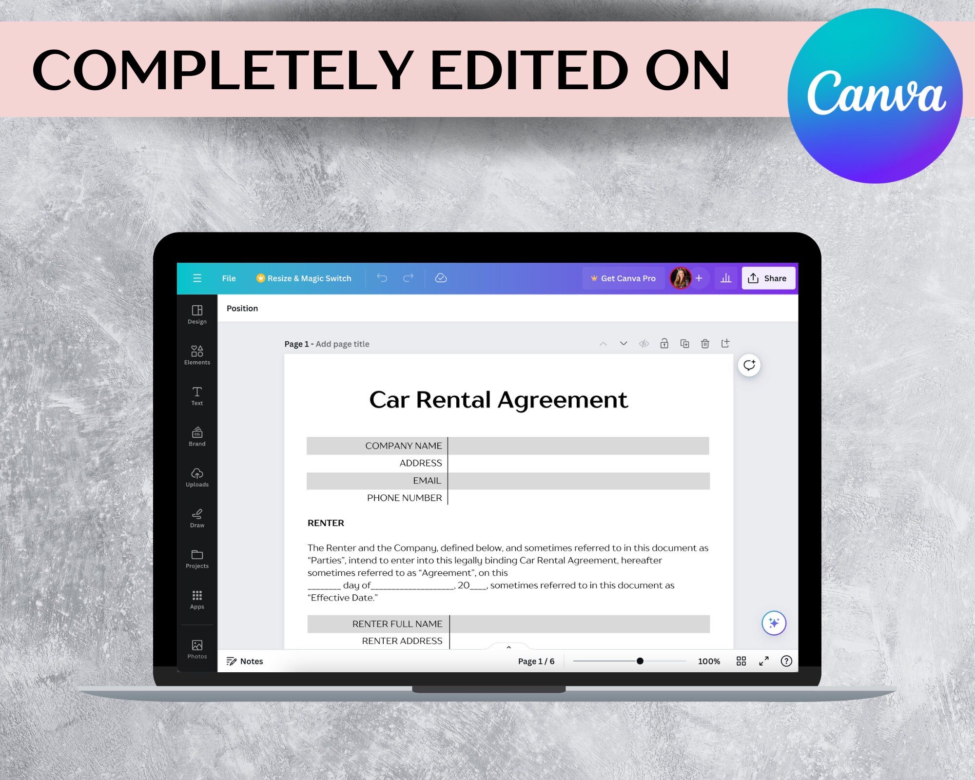 Printable Car Rental Agreement Template, Car Rental Contract, Editable ...