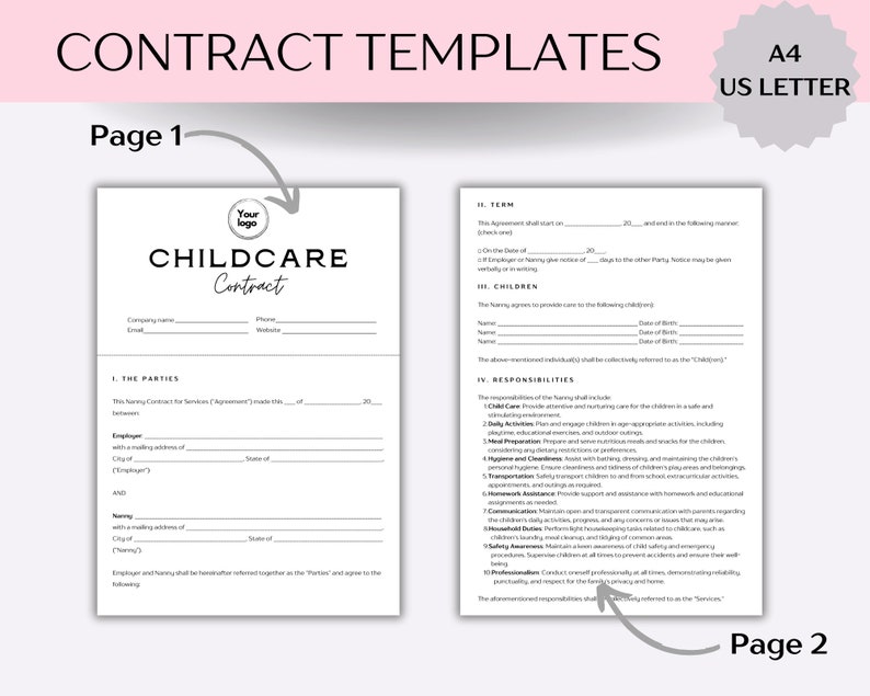 Editable Childcare Contract Template, Childcare Invoice, Nanny Contract ...