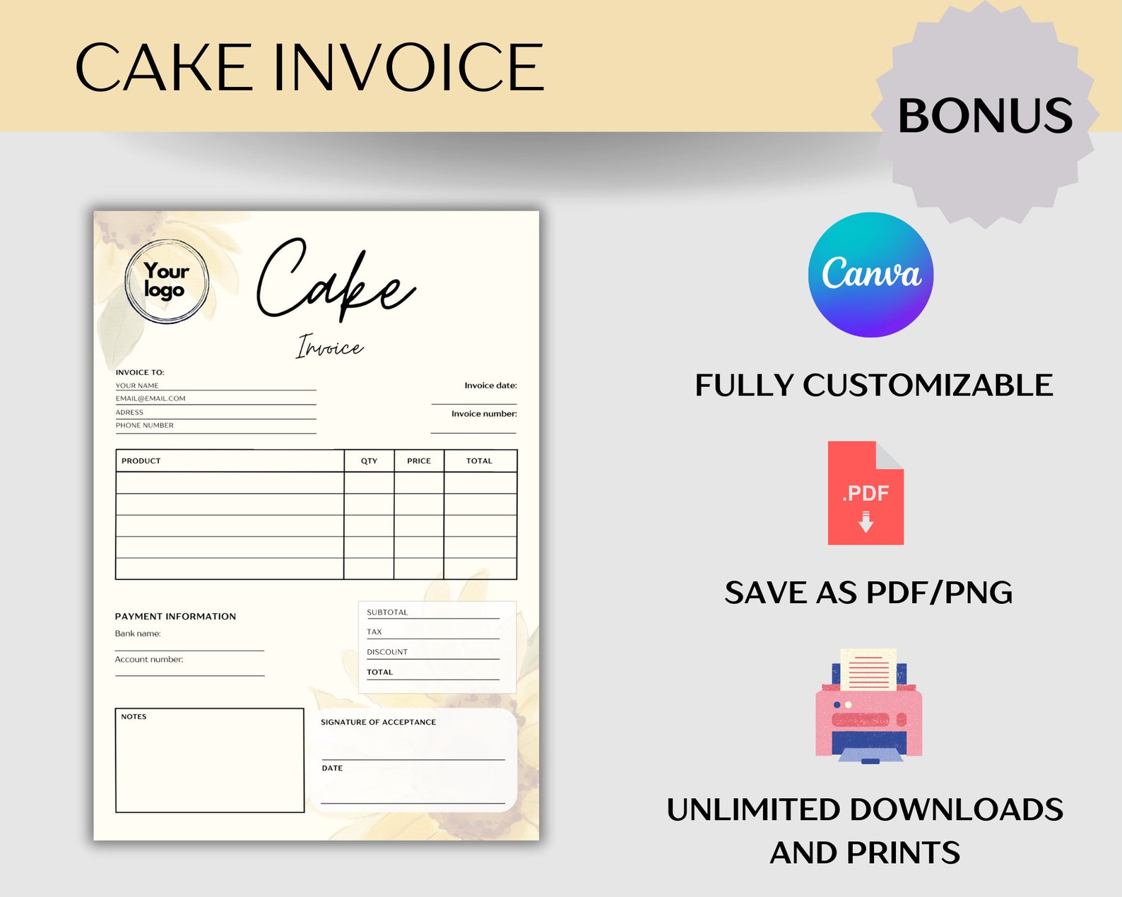 Wedding Cake Order Form and Invoice Template, Bakery Cake Order Form ...