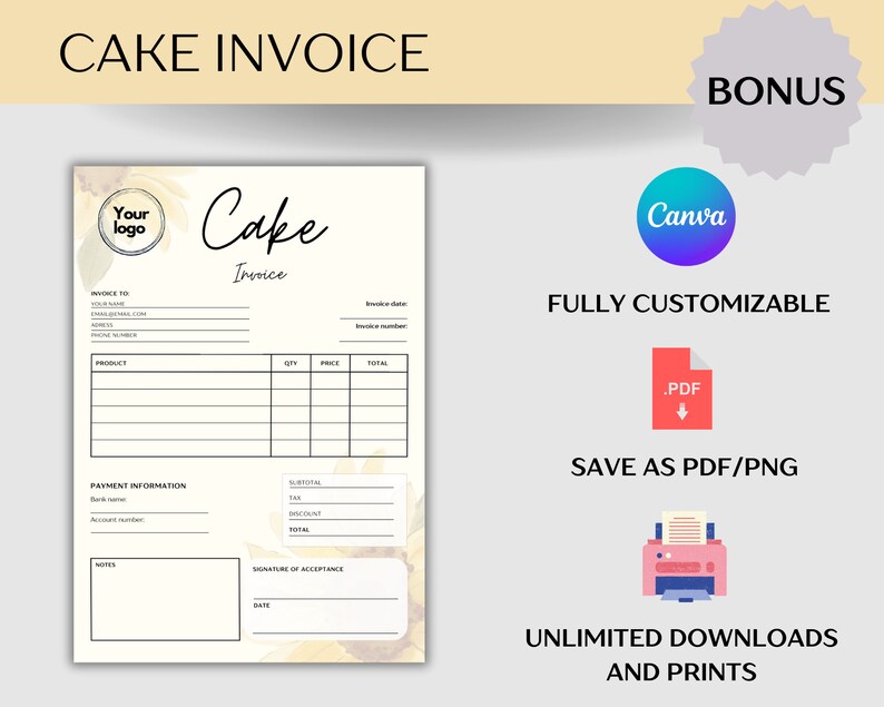 Wedding Cake Order Form and Invoice Template, Bakery Cake Order Form INSTANT Download - Etsy