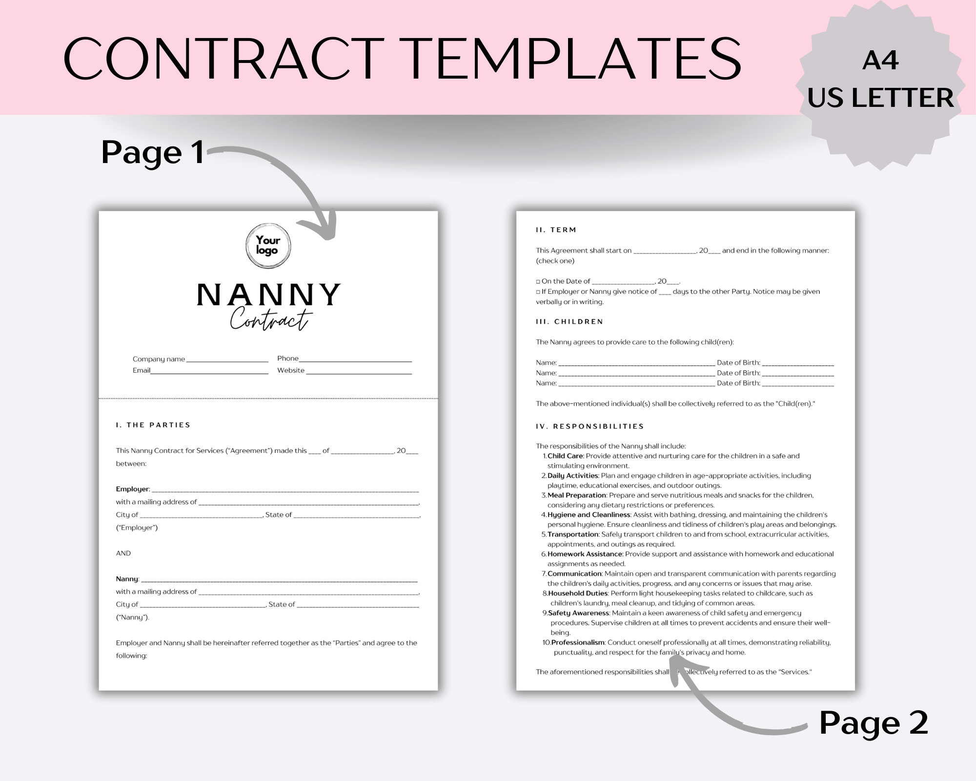 Editable Nanny Agreement Template, Nanny Service Contract, Nanny and ...