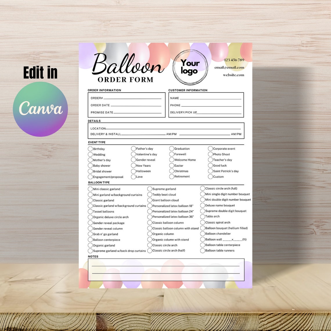 Balloon Order Form and Invoice Template, Balloon Order Tracker Template ...