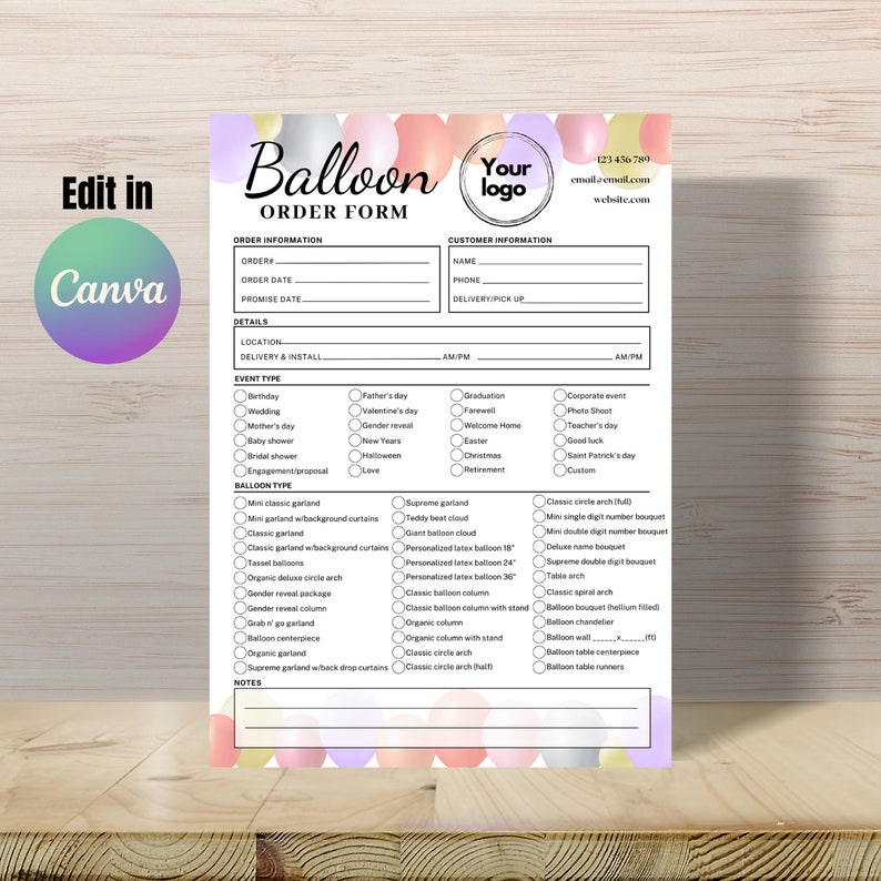 Balloon Order Form and Invoice Template, Balloon Order Tracker Template ...